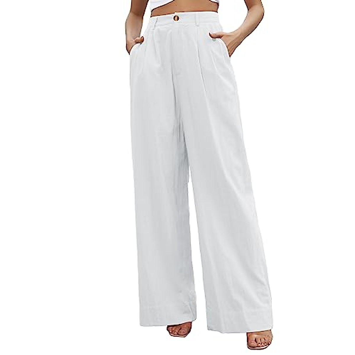 Kocowoo Linen Wide Leg Dress Pants for Women High Waisted Palazzo Pants Casual Lounge Beach Trousers with Pocket. White