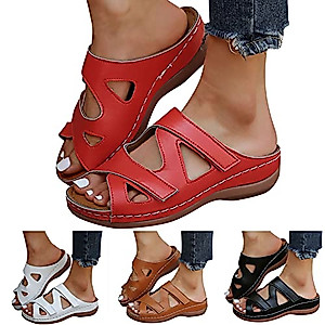 Women Foot Wear Summer Women Slippers Thick Soles Open Toe Breathable Slip On Comfortable Roman Beach Shoes (Red, 8)