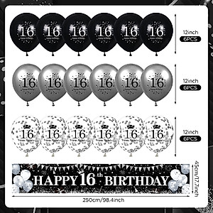 Black Silver Happy 16th Birthday Decorations Black Silver Happy 16th Birthday Banner Yard Sign and 18Pcs Black Silver 16th Birthday Balloons for Boys Girls Birthday Anniversary Party Decor Supplies