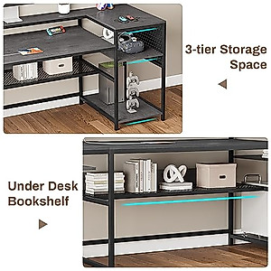 SEDETA L Shaped Gaming Desk, Home Office Desk or Corner Desk, L Shaped Desk with Power Outlets & LED Strip, Monitor Stand, Keyboard Tray, Pegboard and Storage Shelves, Grey