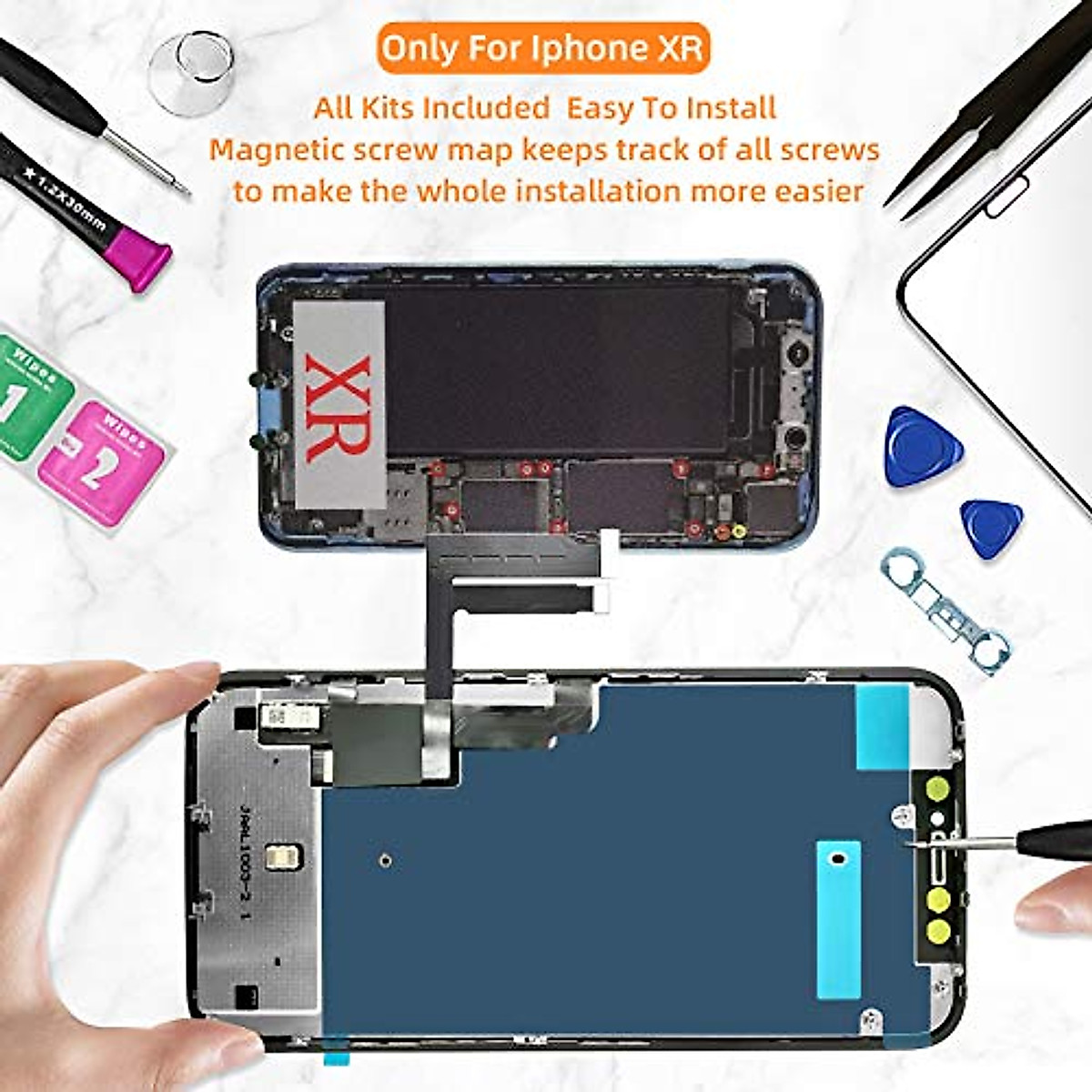 for iPhone XR Screen Replacement 6.1", Bsz4uov 3D Touch LCD Display Digitizer Assembly for A1984, A2105, A2106, A2108, with Magnetic Screws Map Waterproof Frame Adhesive Sticker and Full Repair Tools