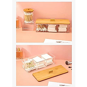 Agirlvct Wood Qtip Holder,Cotton Ball and Swab Holder Organizer with Lid,Jar for Cotton Rounds,Bathroom Containers,Q-tip Dispenser,Clear Acrylic Desk Organizer for Makeup Pads,Cosmetics Bedroom