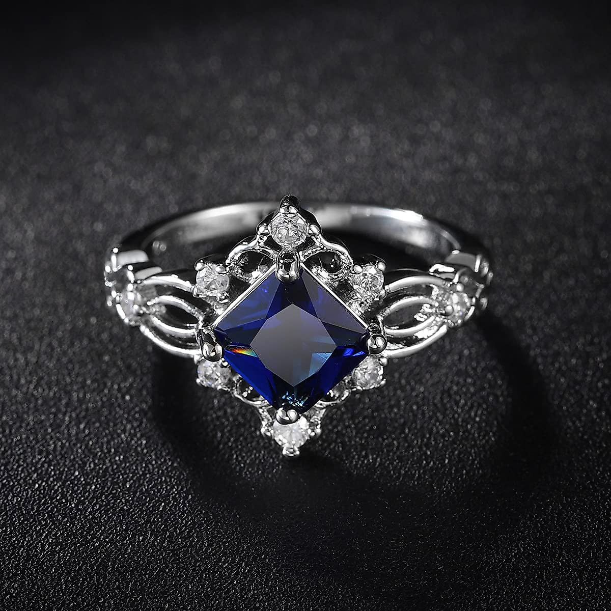 GUIDECUN Princess Cut Women's Created Blue Sapphire Rings Birthstone Solitaire Engagement Ring Filigree Zircon Wedding Ring (US Size 8)