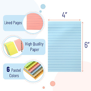 Mr. Pen- Lined Sticky Notes 4x6, 6 Pads, 45 Sheets/Pad, Pastel Color, Sticky Notes with Lines, Sticky Pads, Sticky Note Pads, Colorful Sticky Notes, Stickies Notes, Ruled Post Stickies