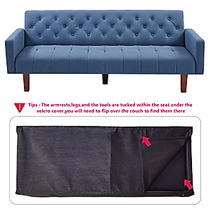 mikibama Tufted Linen Futon Sofa Couch Bed for Living Room Convertible Fabric Blue Upholstered Sleeper Futon Guest Bed Twin Size with Solid Wood Legs for Small Spaces