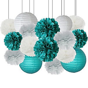 Teal Bridal Shower Decorations White Teal Grey Tissue Paper Pom Pom Paper Lanterns Teal Themed Party Wedding Teal Blue Baby Shower Teal Sweet 16 Birthday Party Decorations Mermaid Party Supplies