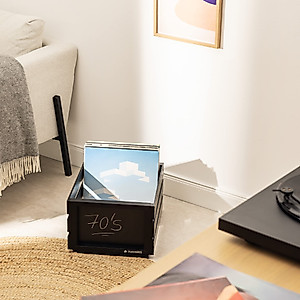 Navaris Wood Record Crate - Vinyl Album Storage Holder Box Wooden Case with Chalkboard Sign Board - Holds up to 80 LP Records - Black