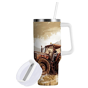 Kigai 40 oz Farmer Driving A Tractor Tumbler with Handle and Straw Lid, Insulated Cup Reusable Stainless Steel Water Bottle Travel Mug for Water, Iced Tea or Coffee