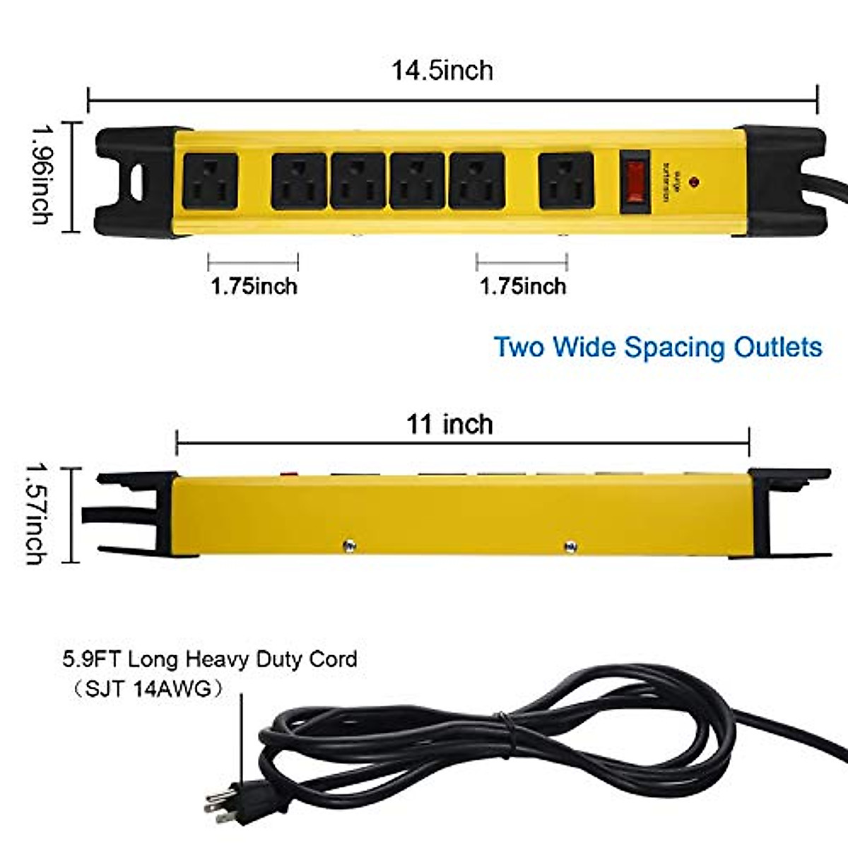 CCCEI Heavy Duty Power Strip Surge Protector with 15A, 6 Outlet Industrial, Shop Workshop Garden Metal Power Strip with 6FT Cord 1200 Joules ETL Listed, Yellow