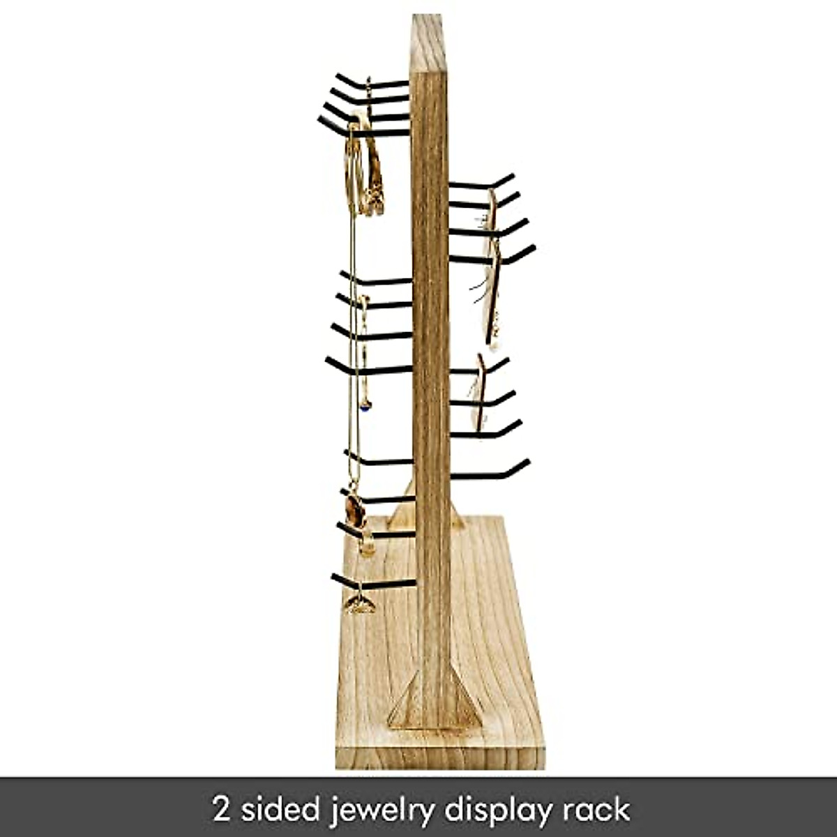 Ikee Design Wooden Jewelry Display Rack with 20 Hooks, Earring Card Display Holder Stand with Hooks, Jewelry Tower for Earring Cards, Necklaces, Keychains, Oak Color