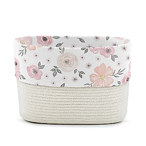 Sweet Jojo Designs Blush Pink Grey Boho Floral Girl Woven Storage Basket Decorative Cotton Rope Lined Bin Baby Nursery Kids Bedroom Toy Closet Shelf Organizer Bohemian Farmhouse Shabby Chic Watercolor