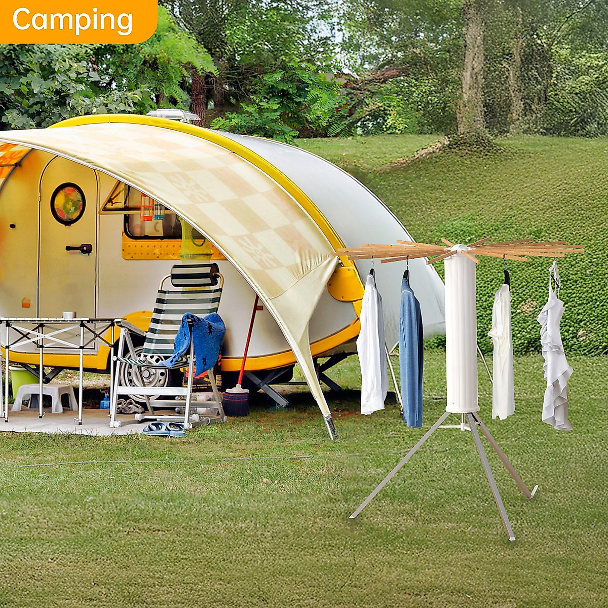 ColtKing Tripod Clothes Drying Rack, Upgraded Octopus Clothes Drying Rack,Foldable Laundry Clothes Drying Rack,Space Saving Drying Rack for Indoor Outdoor,16 Expandable Rods,Aluminum Feet+Wood Rods