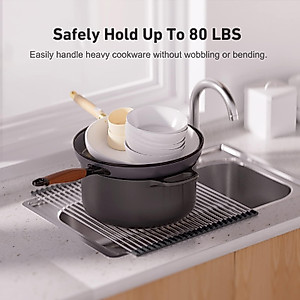 EMBATHER Roll Up Dish Drying Rack Over The Sink, 20.8'' x 18.1'' Dish Drying Rack for Kitchen Counter, Multipurpose Silicone Wrapped Foldable Kitchen Drainer Rack, Anti-Slip, Black