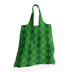 Ambesonne Irish Shopping Tote Bag, Antique Tartan Inspired Symmetrical Checkered Diamond Line Plaid Fashion, Sturdy Fabric Foldable Lightweight Market Bag for Daily Use, Green Dark Green Yellow