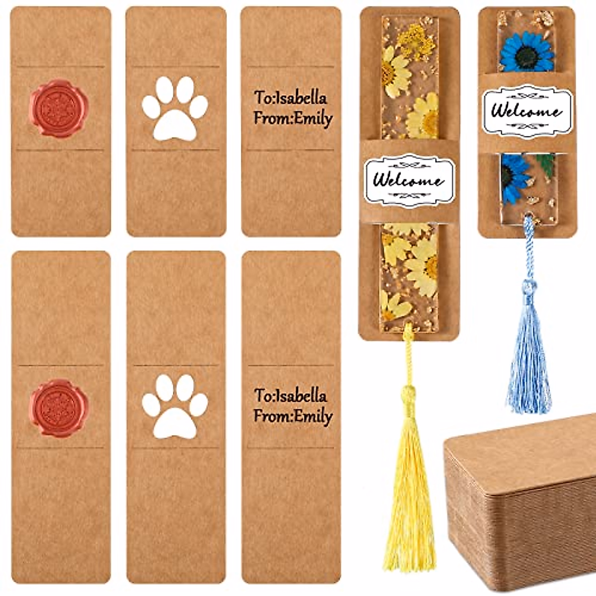 100 Pcs Resin Bookmark Holder Kraft Bookmark Sleeves Brown Book Markers Cover Holder Blank Display Cards for DIY Bookmark Wrapping Small Business Packaging Supplies Valentines Gift Party Favor, 2 Size