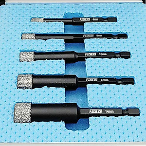 FACHLICH Diamond Drill Bits Kit with Hex Shank 6/8/10/12/14mm for Tile Ceramic Granite Marble Concrete