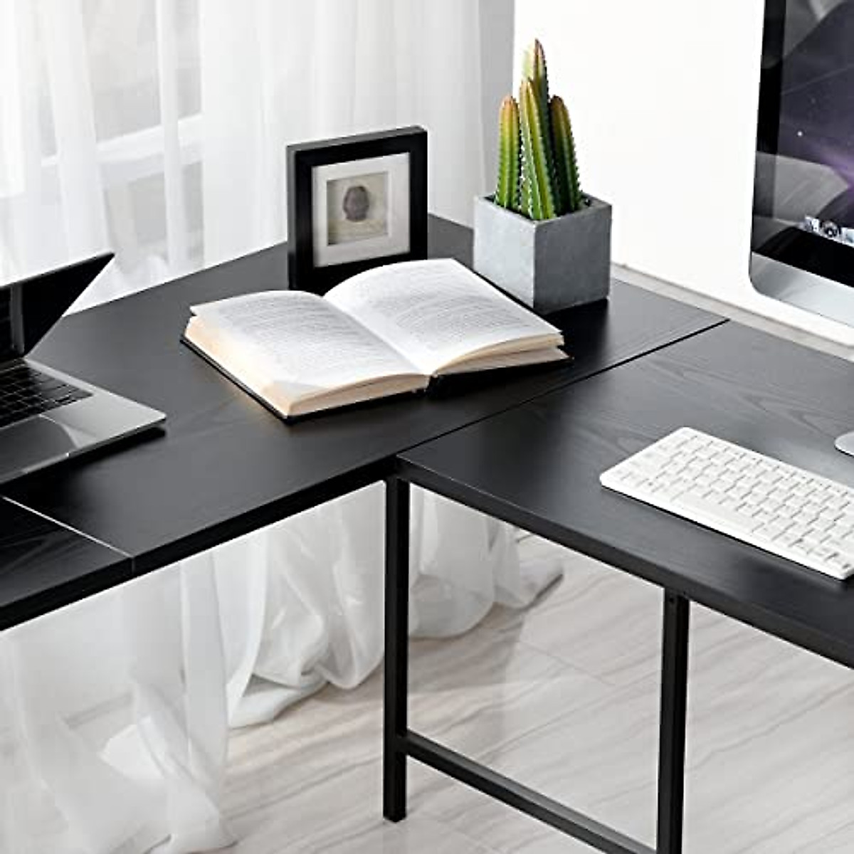 FurnitureR 58'' L-Shaped Corner Storage Shelf Space-Saving Gaming Labtop Table for Home Office PC Workstation Study Room Computer Desk, Black and Brown