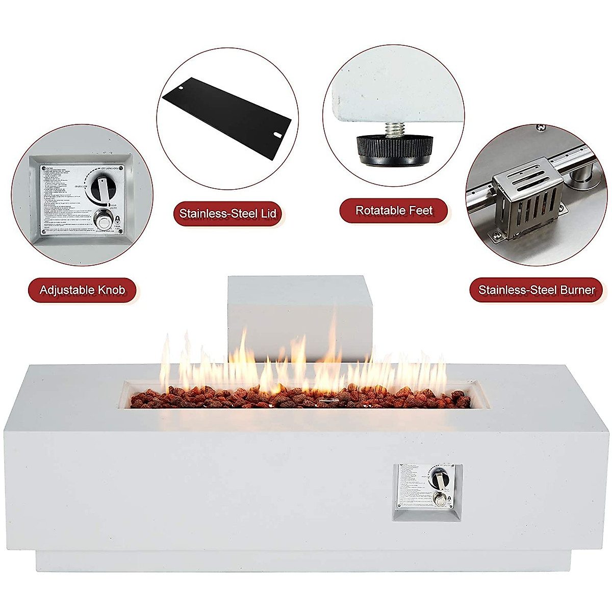 ECOTOUGE 2-Piece 56" Outdoor Rectangle Propane Fire Pit Table with Tank Holder, 50,000 BTU Concrete Fire Table with Weather-Resistant Pit Cover, Auto-Ignition, Free Lava Rocks, Fits 20lb Tank, White