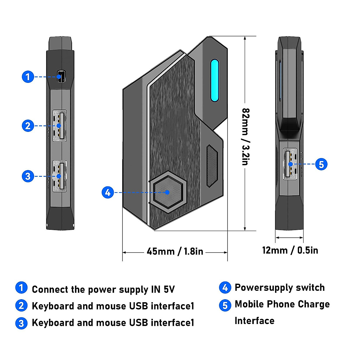 Gaming Keyboard Mouse Converter Gaming Keyboard Mouse Set RGB Gradient USB One Handed Keyboard Type C Wired Mouse Mobile Phone Holder(Mix SE automatic pressure gun set)