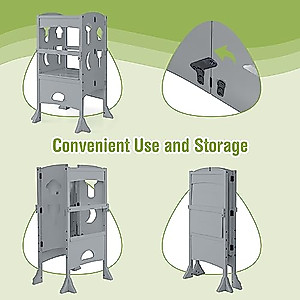 HONEY JOY Kitchen Step Stool for Toddlers, Children Wooden Standing Tower w/Safety Rail, Extra Kitchen Toys, Montessori Foldable Kids Learning Tower for Kitchen Counter(Gray)