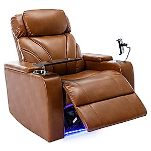 Leather Recliner Chair Power Electric Recliners with Cup Holder and Tray for Adults Theater Seating with USB Charging Port Single Reclining Chair with Hidden Arm Storage for Living Room, Light Brown