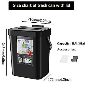 Small Trash Can with Lid Mini Kitchen Hanging Trash Can Tightly Sealed Odor Free, Small Countertop Compost Bin for Scraps from Daily Cooking, Mountable Trash Bin for Kitchen Counter, 5L/1.3 Black