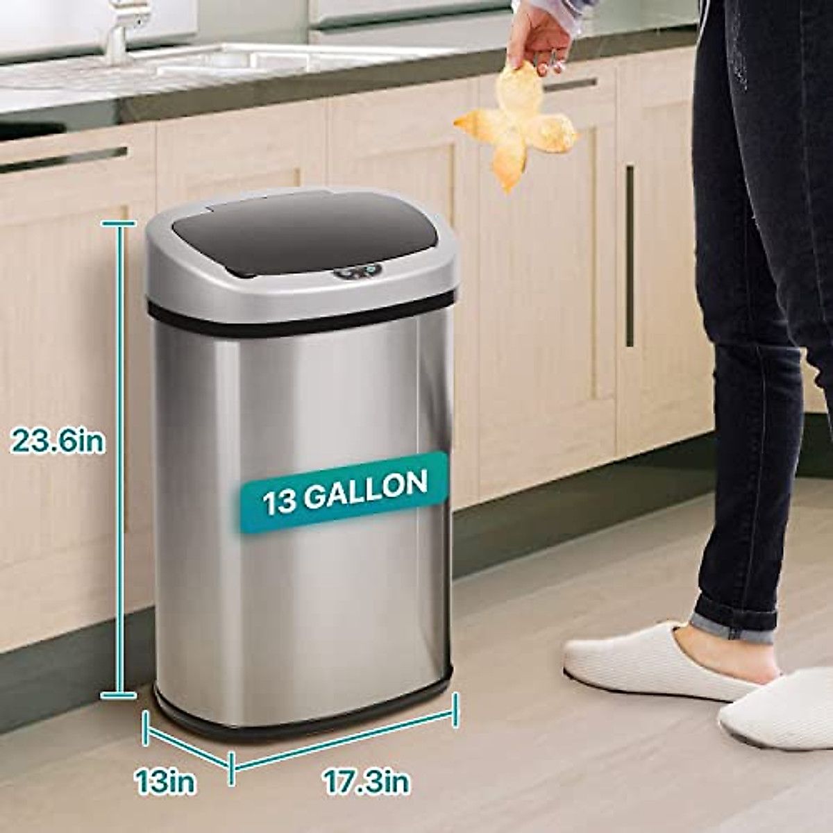 Automatic 13 Gallon Kitchen Stainless Steel Touch Free Trash Can with Lid High-Capacity Waste Bin with Ring Garbage Can for Home Kitchen Bathroom Bedroom Office
