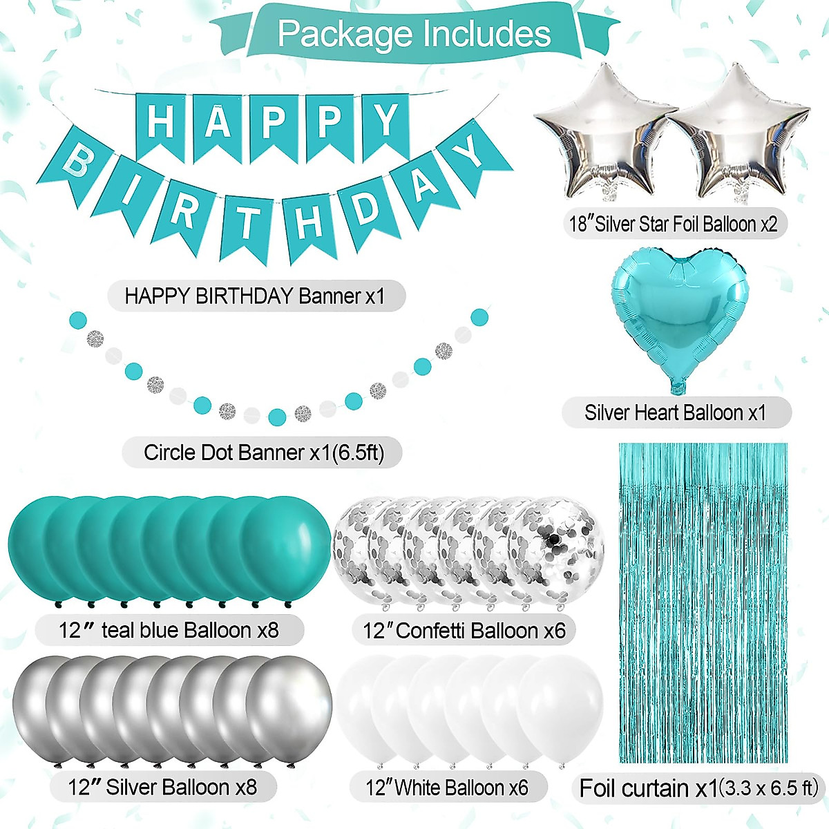 Iyosll Teal Blue and Silver Birthday Party Decorations Happy Birthday Banner Turquoise Aqua Teal Balloons Tissue Pom Poms Foil Fringe Curtain Décor Supplies for Women Girls boys men