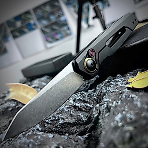 Spring Assist Button lock knife, EDC Folding Pocket Knife For Men, Stonewashed Reverse Tanto Blade, Black Aluminum Handles With Reversible Deep Carry Clip for Everyday Outdoor Camping (black handle)