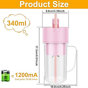 Portable Blender, 340ml Personal Electric Smoothie Blender with 10 Blades 1500mAh USB Rechargeable Mini Blender Cup with Handle Straw Cordless Personal Blender for Kitchen/Travel/Gym (Pink)