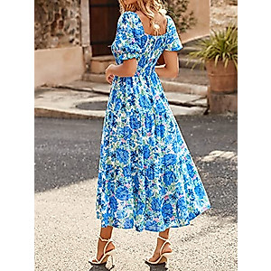 PRETTYGARDEN Women's Summer Puff Sleeve Floral Maxi Dress Square Neck Smocked Boho Flowy A Line Casual Beach Long Dresses (Big Floral White and Blue,Large)