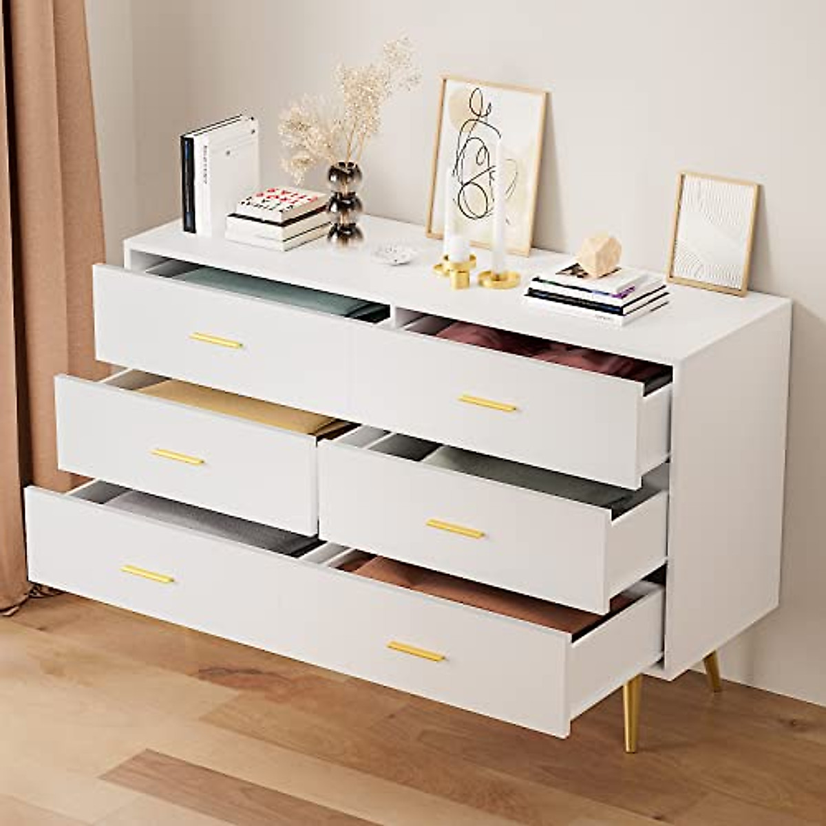 RESOM Dresser for Bedroom, 6 Drawer Double Dresser with Metal Handles, Modern Design, White and Gold Dresser for Closet Hallway,Bedroom (White)