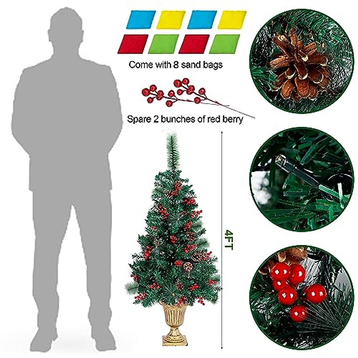 Juegoal 4 FT Christmas Tree, Upgrade Pre-Lit Crestwood Spruce Entrance Tree with 120 LEDs Lights, Pine Cones, Red Berries in Gold Urn Base for Front Door, Porch, Entryway Xmas Home Decorations, 2 Pack