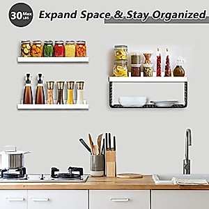 DABIGE Wall Mounted Floating Shelves, 3 Sets Wood Bathroom Shelves with Wire Storage Basket & Hooks, Farmhouse Floating Shelf for Wall Decor, Bedroom, Living Room, Kitchen, Plants, Books – White