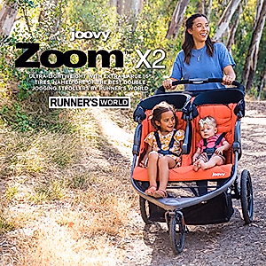 Joovy Zoom X2 Lightweight Performance Double Jogging Stroller Featuring Extra-Large Pneumatic Tires with Air Pump Included, Locking and Swiveling Front Tire, and Easy One-Handed Fold, Paprika