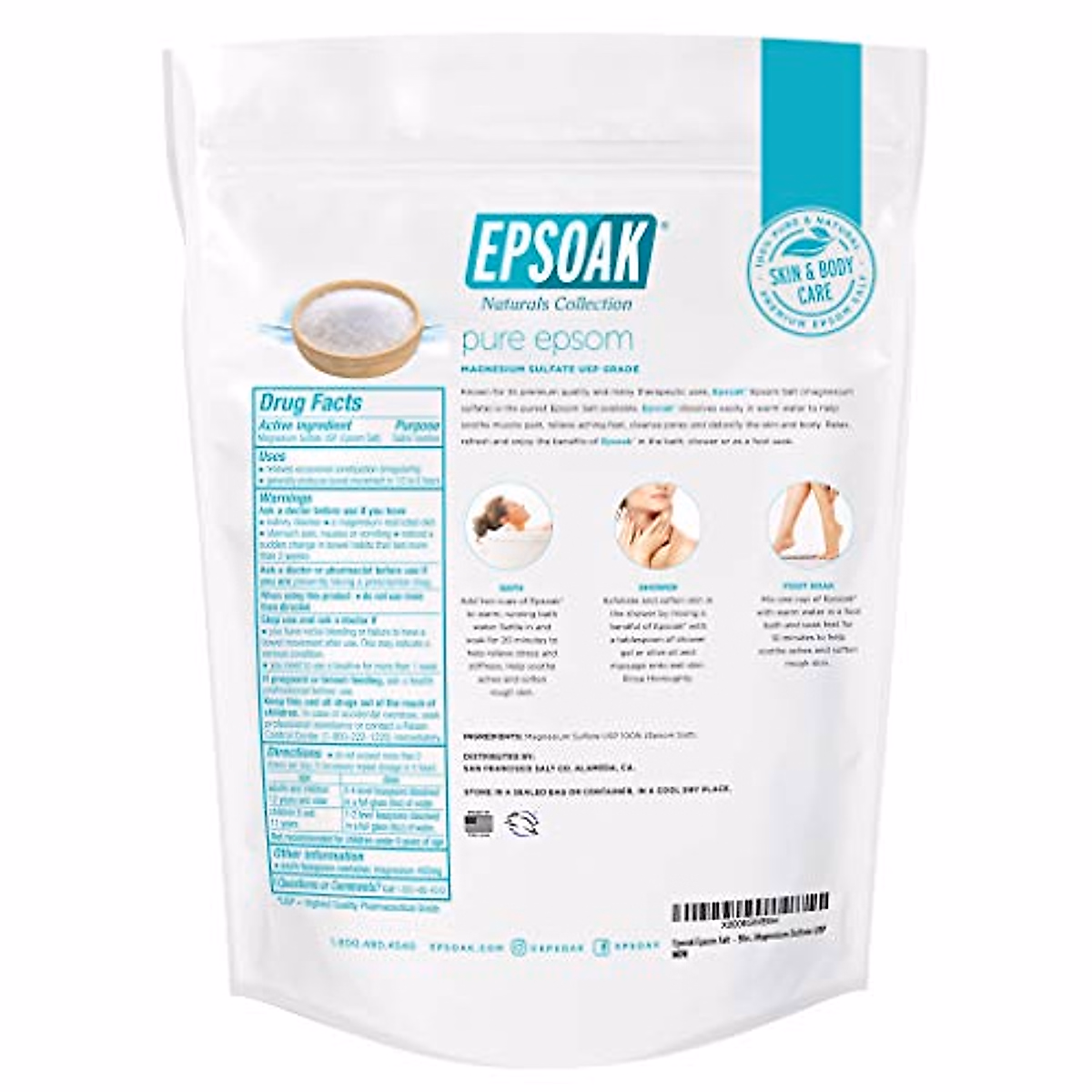 Epsoak Epsom Salt 5 lb. Magnesium Sulfate USP. (Qty. 1 x 5lb. Bags) Resealable Epsom Salt Bulk Bags Unscented, Made in The USA, Cruelty-Free Certified