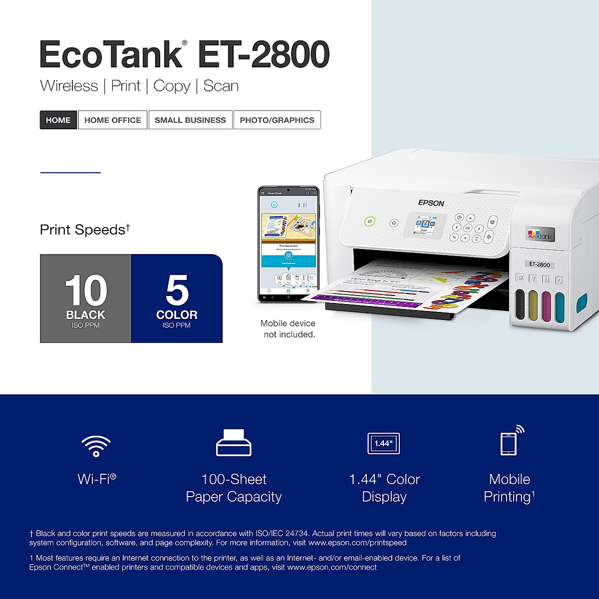 Epson EcoTank ET-2800 Wireless Color All-in-One Cartridge-Free Supertank Printer with Scan and Copy â€“ The Ideal Basic Home Printer - White