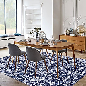 GarveeHome Washable Rugs 8x10 Rug for Living Room Boho Vintage Area Rug for Bedroom Indoor Floral Damask Floral Large Rug Soft Non Shedding Stain Resistant Carpet for Dining Room 8'x10' Blue