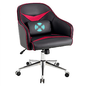 Giantex PU Leather Gaming Chair, Adjustable Height Mid-Back Armchair w/Massage Lumbar Pillow, Rolling Swivel Desk Chairs for Office Home Game Room (Red & Black)