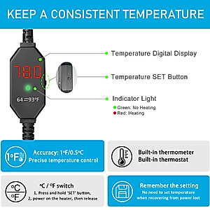 YukiHalu Small Aquarium Heater 25/50/100/150W with Protective Cover, Mini Fish Tank Heater, External Controller, Temperature Adjustable, Digital Display, Used for 5/10/20/30 Gallons (50W-10Gallon)
