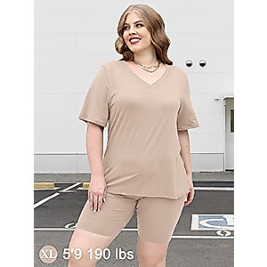 AGSEEM 2 Piece Summer Outfits For Women Shorts Sleeve V Ncek Summer Clothes Khaki XL