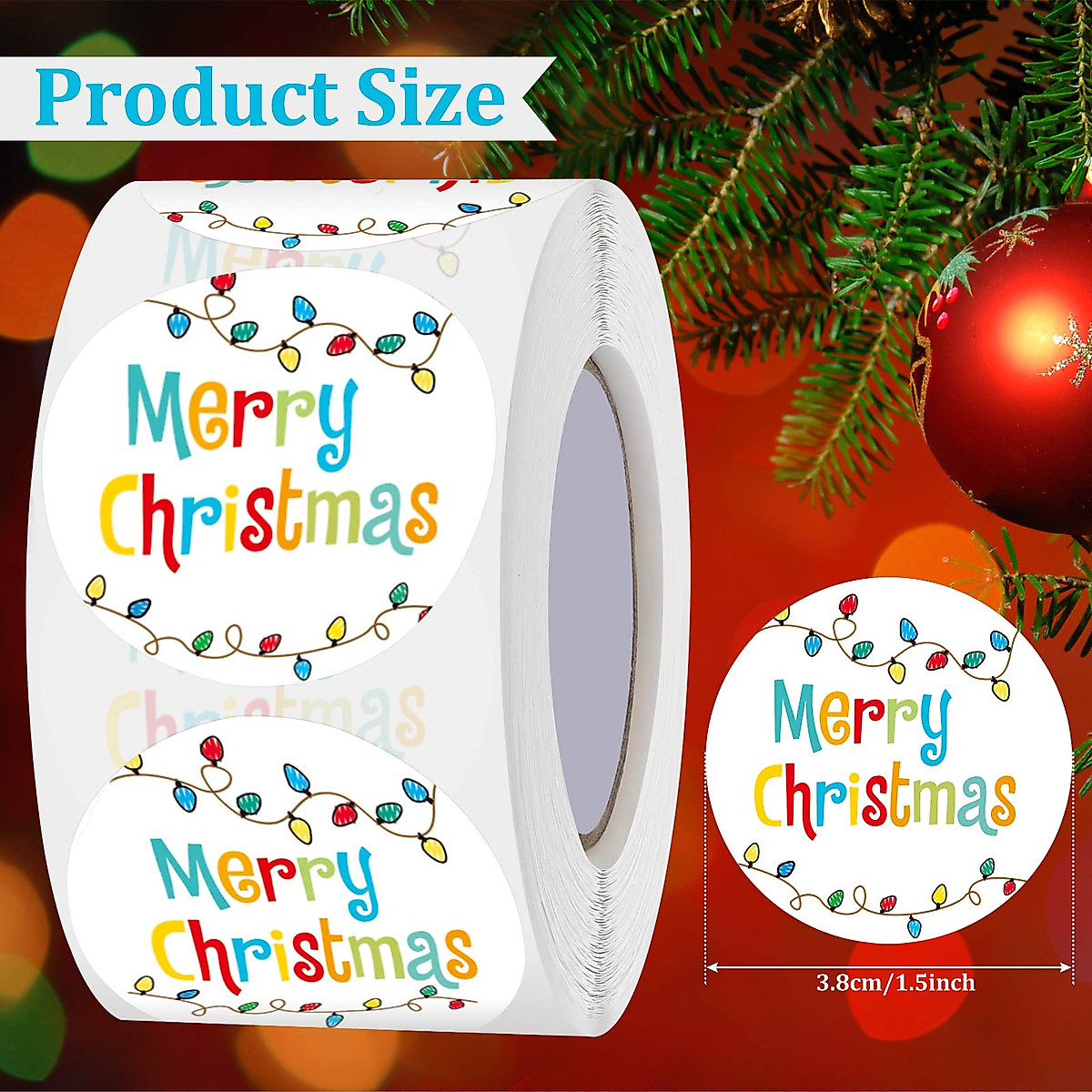 1000 Pieces 1.5 Inch Merry Christmas Stickers Holiday String of Lights Happy Holidays Happy New Year Stickers Labels Xmas Stickers for Christmas Party Presents Classroom Decoration