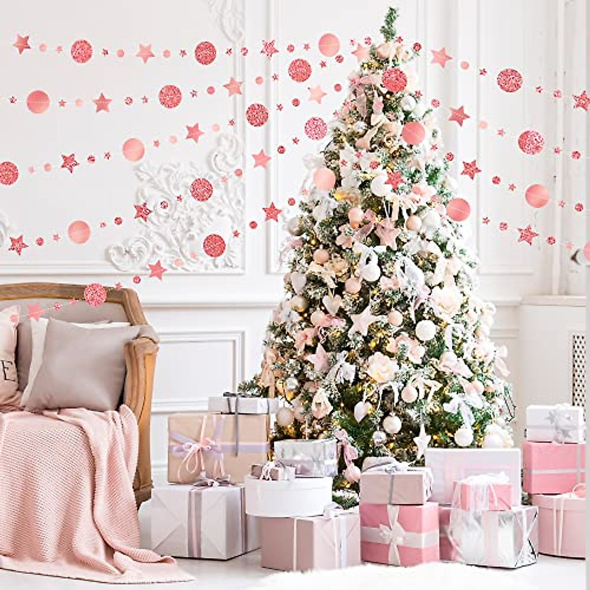 39Ft Circle Dots Garland, Glitter Pink Rose Gold Paper Garland, Star Polka Dot Streamers Backdrop Hanging Banner Party Decorations for Birthday Wedding Engagement Bridal Shower Gruaduation, 3Pack