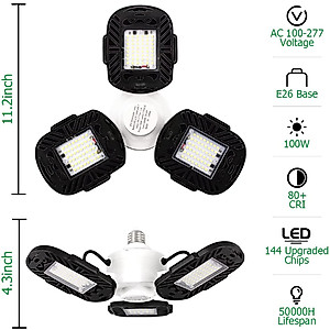 OOOLED 2 Pack LED Garage Lights, 80W LED Garage Lighting, Deformable LED Garage Lights Supporting E26 Screw Socket, 9600LM 6500K Super Bright White, LED Lights for Garage, Workshop, Basement