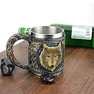 EZESO Stainless Steel Wolf Mug, Resin 3D Wolf Coffee Cup Stainless Steel Travel Tea Wine Beer Mugs (Wolf Mug)