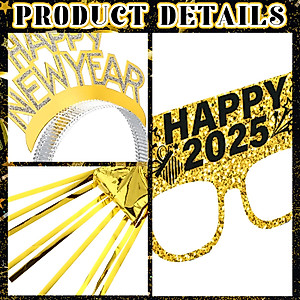 Wavyknot 72 Pcs New Years Eve Party Supplies 2025 Include Happy New Year Eyeglasses Headband Tiara and New Year Party Fringed Noise Makers 2025