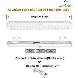 Alivation Closet Lights Battery Operated Led Lights, Motion Sensor Light Indoor Under Cabinet Lights, Under Counter Lights for Kitchen, 3 AA Battery Powered/DC Input Lights, Day & Night Mode, Dimmable