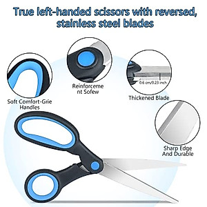 Left Handed Scissors, 8 Inch, Lefty Stainless Steel Sharp Blade Soft Comfort-Grip Handles Blunt Scissors for Adults School Student Kids(1 Pack)