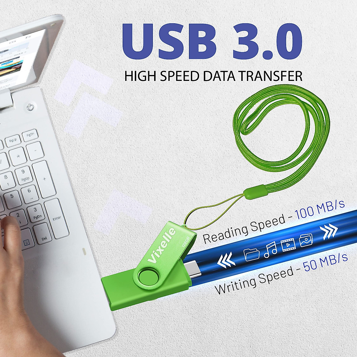 Vixelle 128GB High Speed USB 3.0 Type-C Flash Drive with Lanyard – 2in1 Dual USB C Memory Stick - 360° Swivel Pen Drive with Keychain Loop – 128GB USB Stick for Smartphone, Tablet & Computer - Green