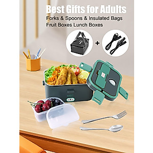 Buddew Electric Lunch Box 80W Food Heater 1.8L Large Capacity Heated Lunch Box 3 in 1 12V/24V/110V Portable Lunch Warmer for Car/Truck/Home/Office with Carry Bag and Fork and Spoon (Gray+Green)